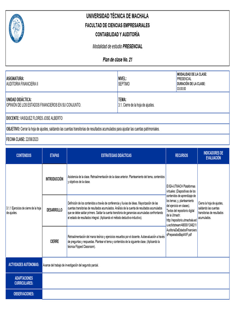 Plan de Clase Unidad 3 Af II Diurna 2023-1 | PDF | Auditoría | Evaluación