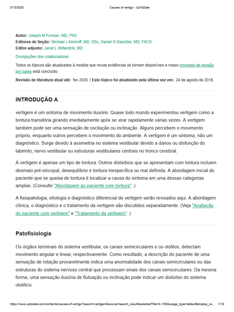 Vertigem - UpToDate | PDF | Vertigem | Doença de Ménière Vertigem - UpToDate | PDF | Vertigem | Doença de Ménière