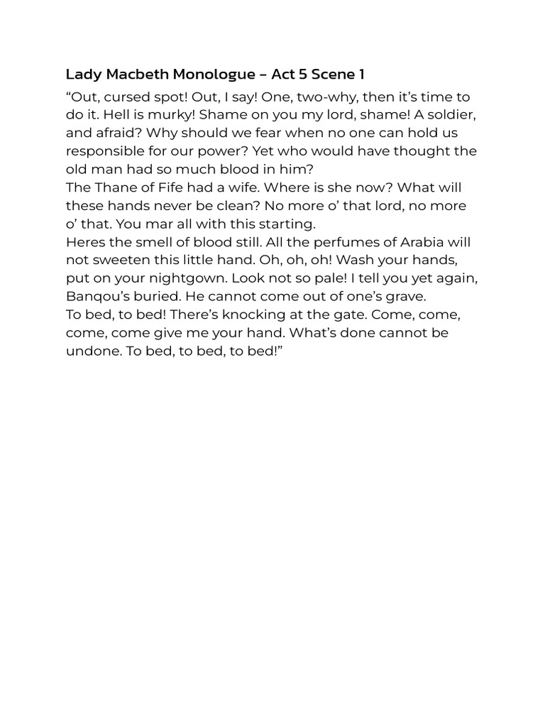 Lady Macbeth Monologue - Act 5 Scene 1 | PDF