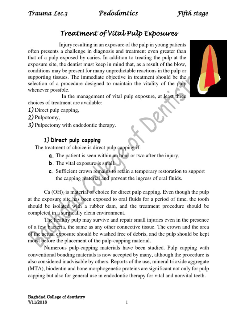 Treatment of Vital Pulp Exposure | PDF | Clinical Medicine | Dentistry