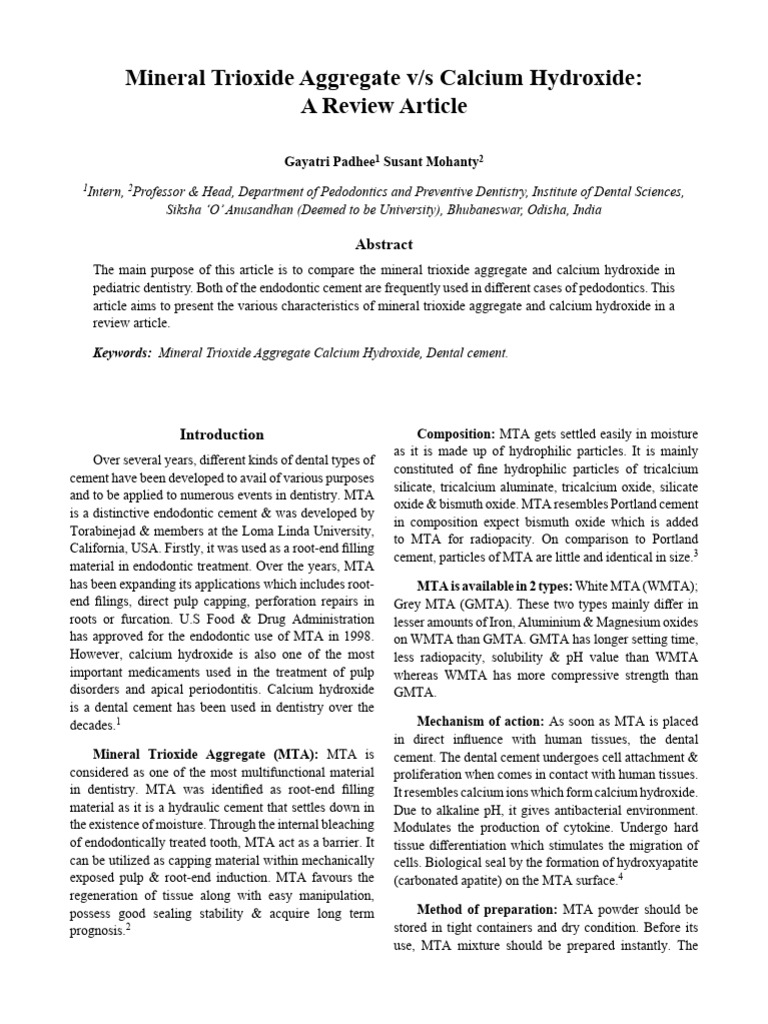 MTA Versus Calcium Hydroxide | PDF | Materials | Dentistry Branches