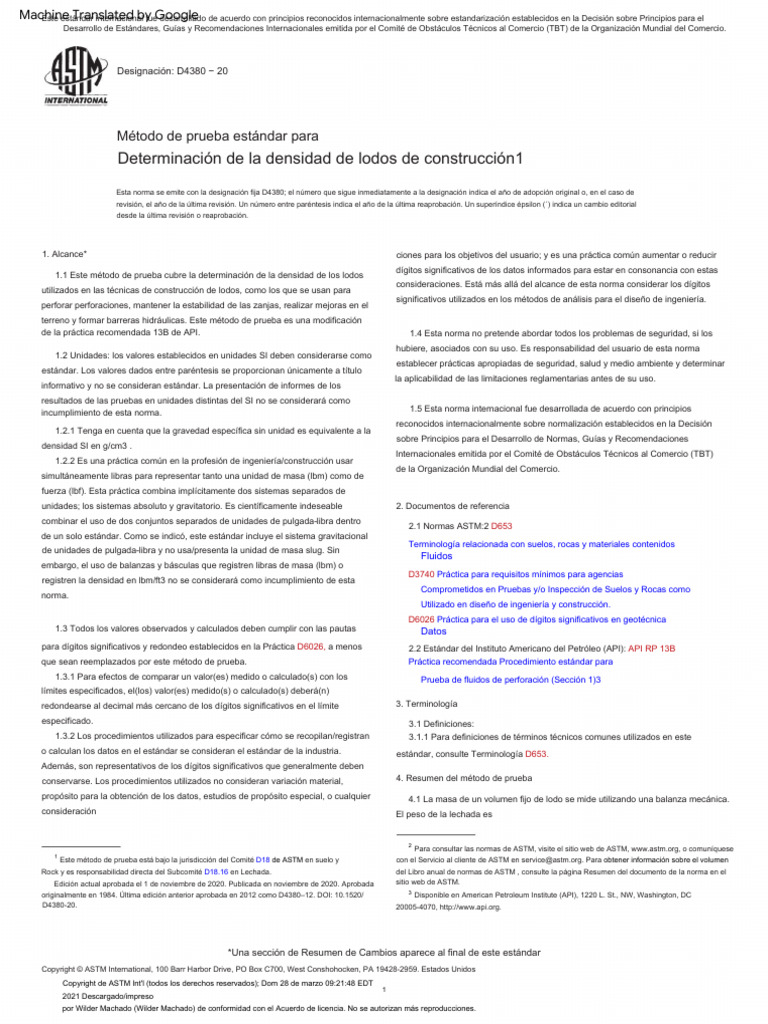 D4380-20 Método de Prueba Estándar para Determinar La Densidad de Lodos de Construcción | PDF ...