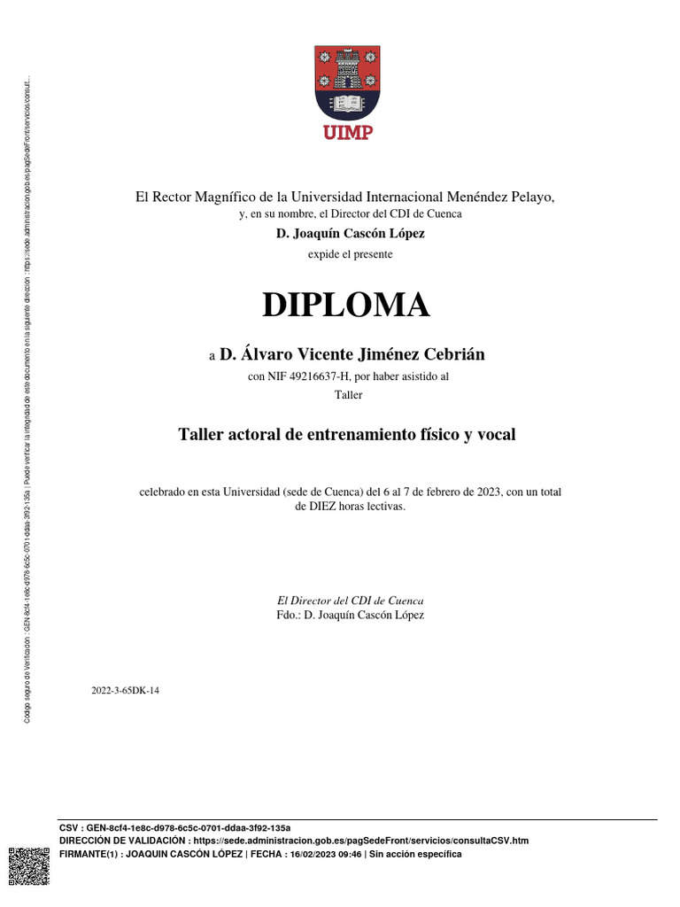 Report - 65DK DIPLOMA Ã - Lvaro Vicente JimÃ©nez CebriÃ¡n | PDF
