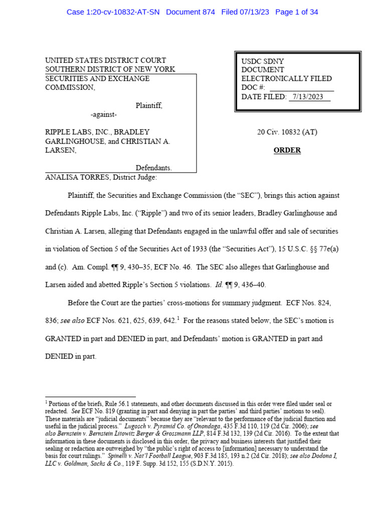 Judge Torres - Summary Judgement | Download Free PDF | Stocks