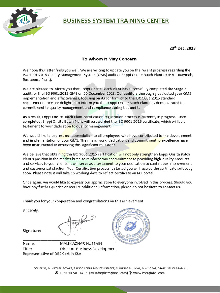 ISO 9001 - 2015 QMS Stage-2 Acknowledgement Letter.. | PDF | Quality ...