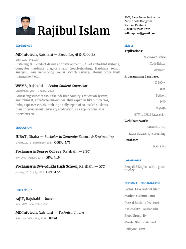 Rajibul Islam: Experience Skills | PDF | Computer Engineering | Computing