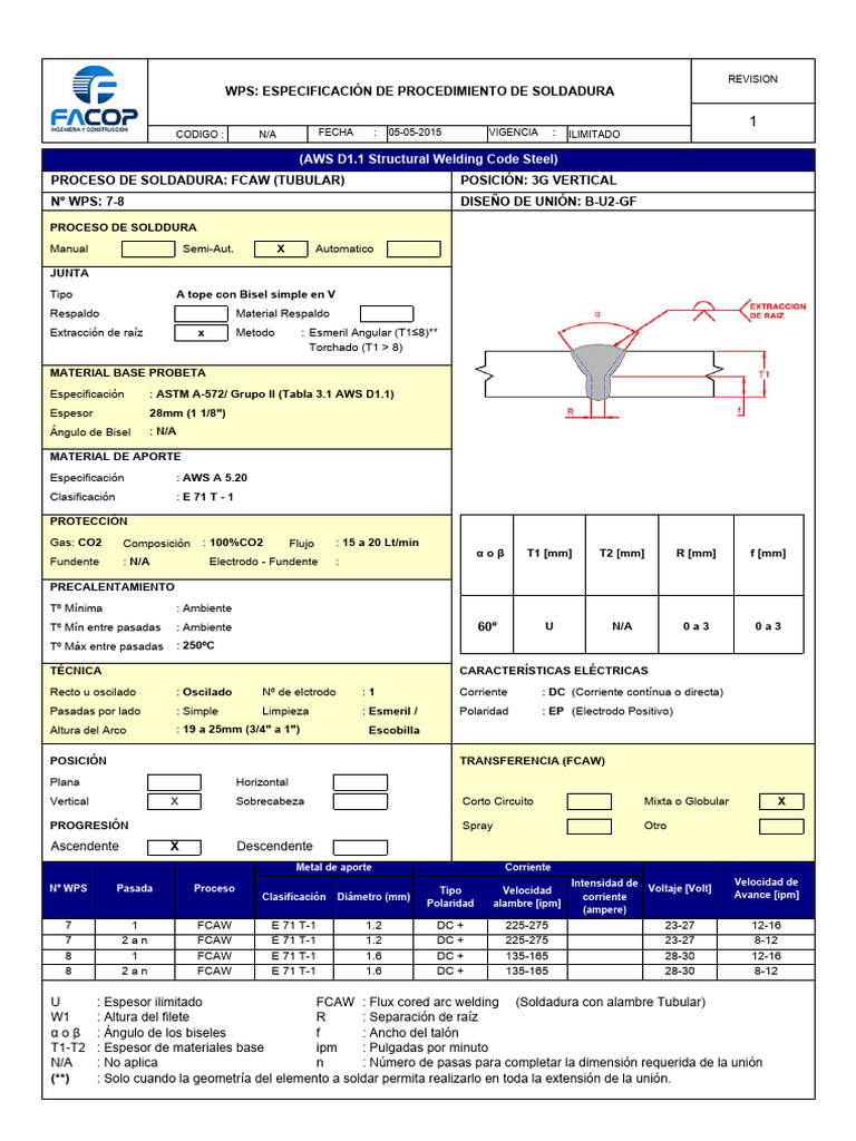 (AWS D1.1 Structural Welding Code Steel) : WPS: Especificación de Procedimiento de Soldadura ...