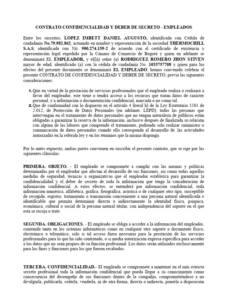 Contrato de Confidencialidad Laboral | PDF | Información | Daños y perjuicios