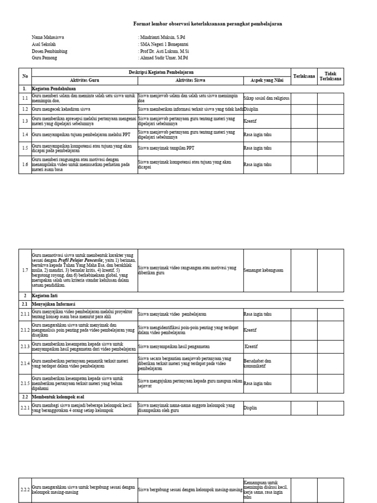 Lembar Observasi Keterlaksanaan Proses Pembelajaran-1 | PDF