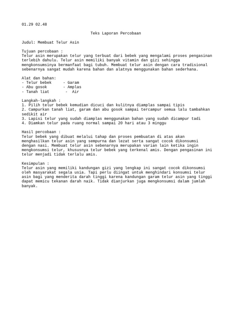 Teks Laporan Percobaan Membuat Telur Asin | PDF