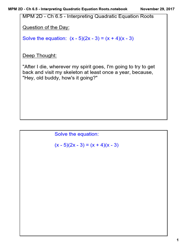 MPM 2D - CH 6.5 - Interpreting Quadratic Equation Roots | PDF ...
