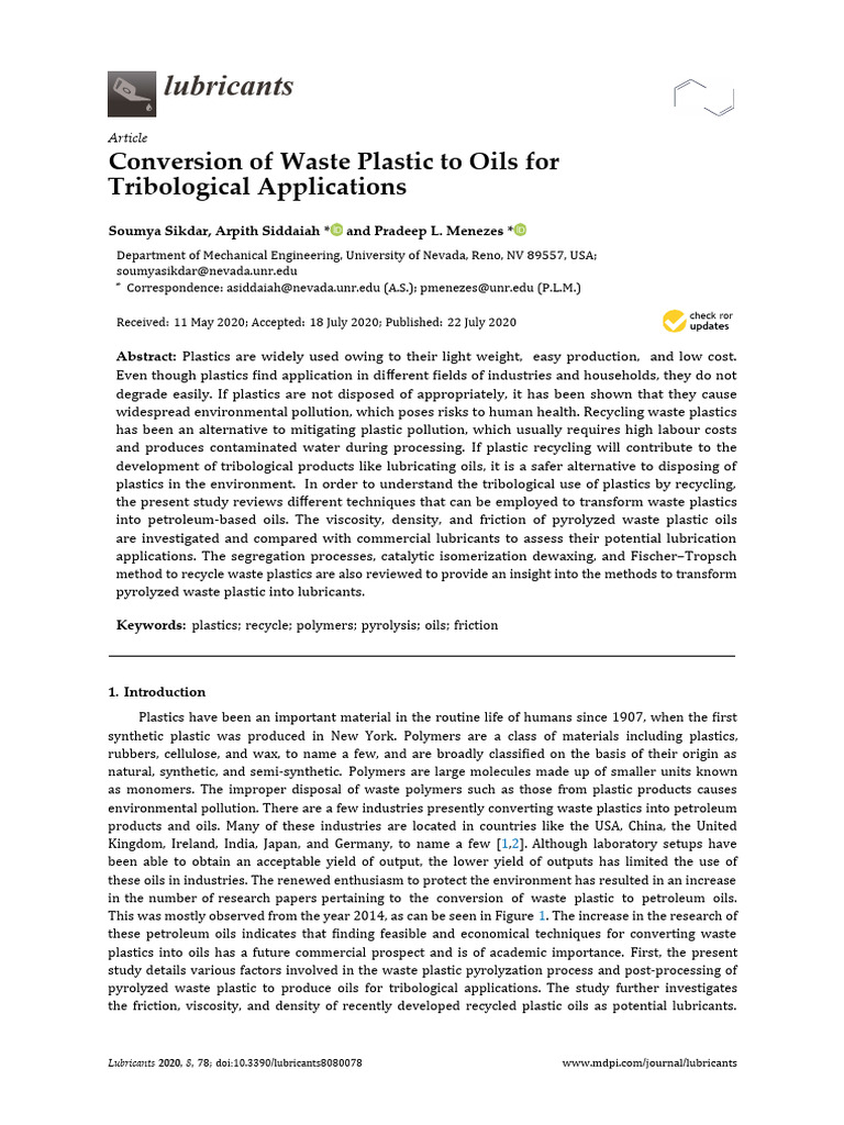 Waste Plastic to Lubricant Oils Conversion | PDF | Pyrolysis | Catalysis