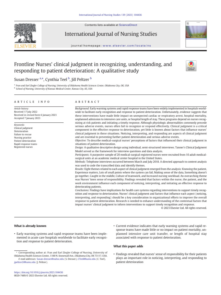 Frontline Nurses' Clinical Judgment in Recognizing, Understanding, and ...