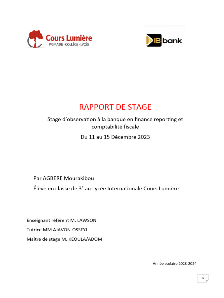 Rapport de Stage | PDF | Banques | Comptabilité