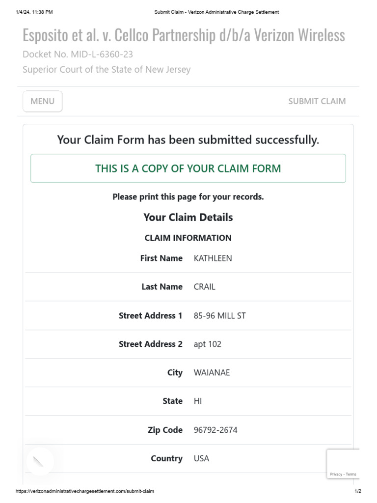 Submit Claim - Verizon Administrative Charge Settlement | PDF