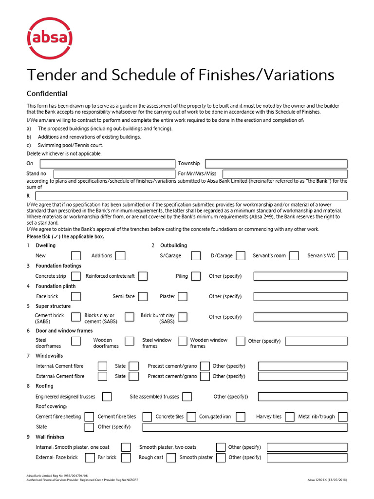 ABSA Tender & Schedule of Finishes | PDF | Bathroom | Plaster