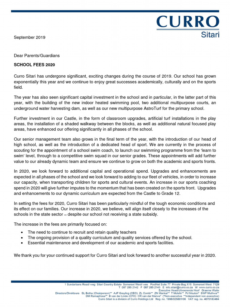 Curro Sitari - 2020 School Fees Letter 20 September | PDF | Credit Card