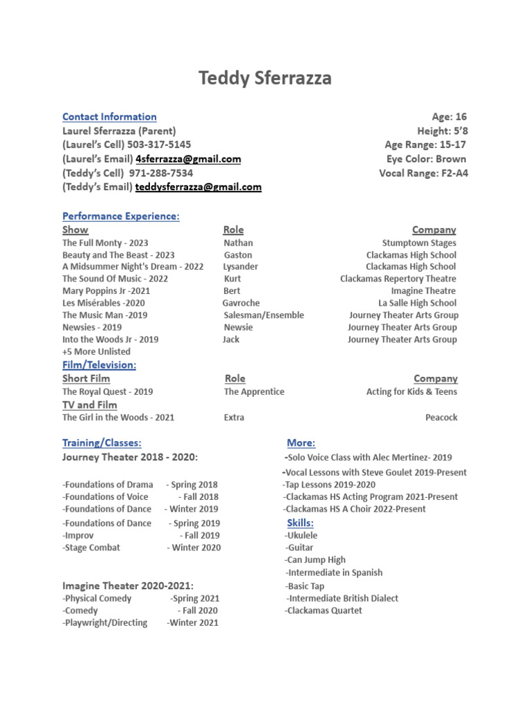Teddy Resume | PDF | Theatre | Performing Arts