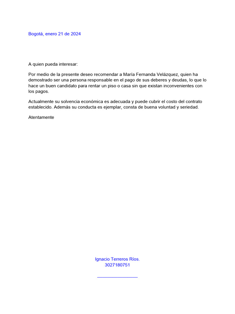 Modelo Carta De Recomendación Para Arrendatario Pdf