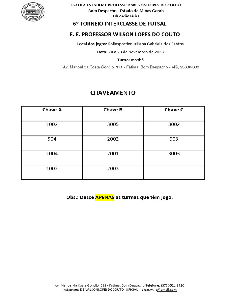 Tabela Interclasses 2023 (E.E.P.W.L.C) | Download grátis PDF | Esportes ...