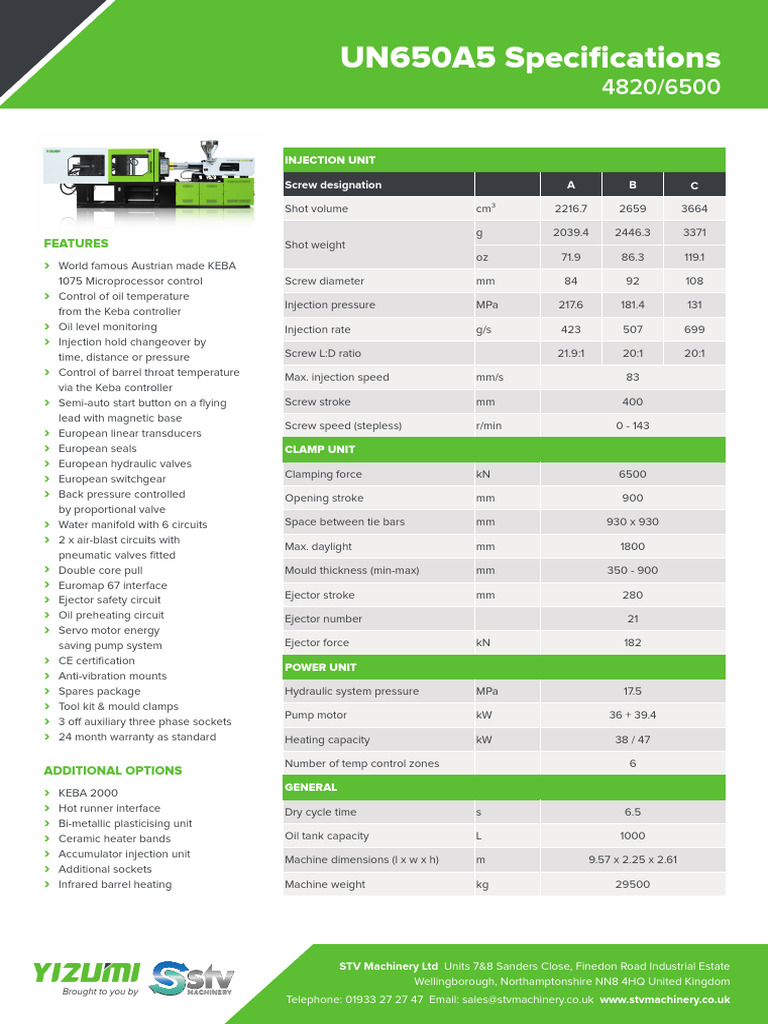 UN650A5 Injection Unit Specifications | PDF