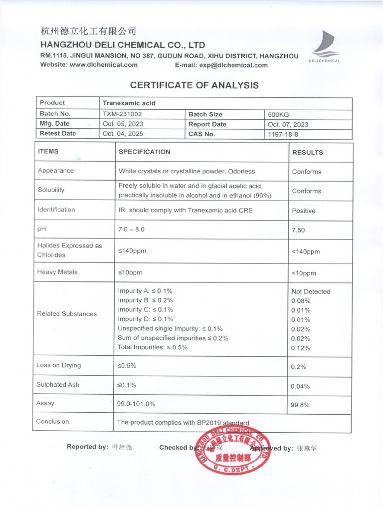 Tranexamic Acid COA | PDF