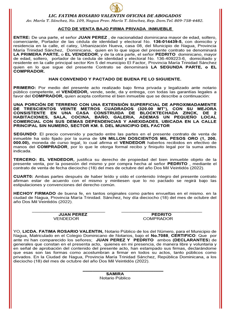 Acto de Venta Ejemplo | PDF | República Dominicana | Justicia