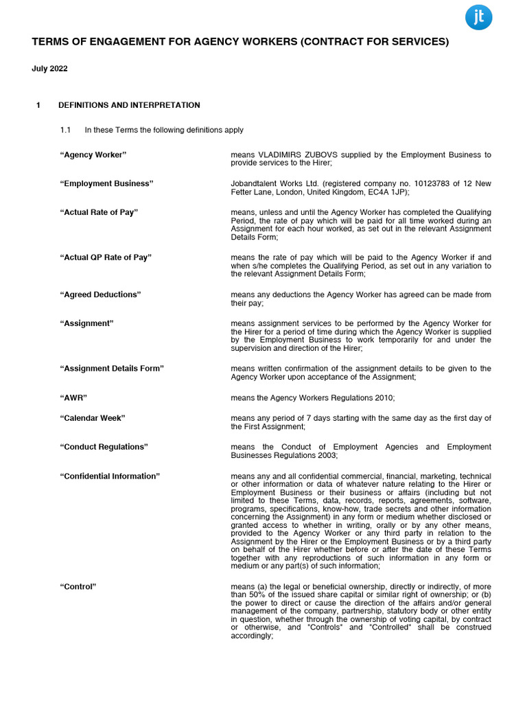 Terms of Engagement For Agency Workers (Contract For Services) | PDF ...