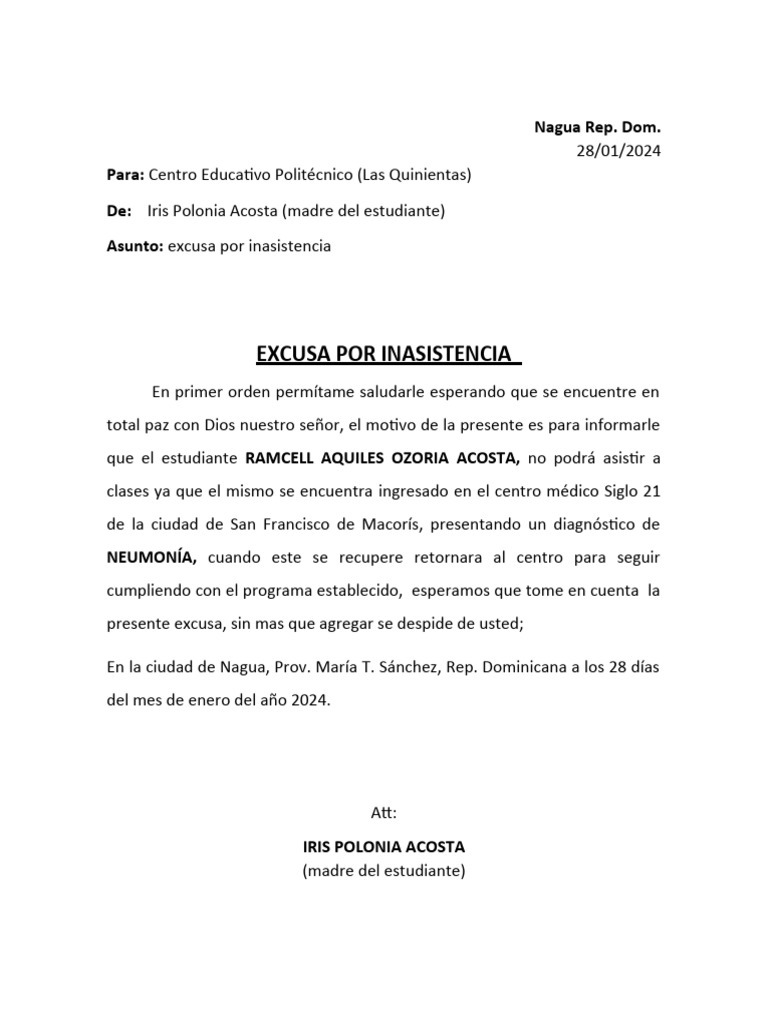 Modelo Carta de Excusa Estudiantil | PDF