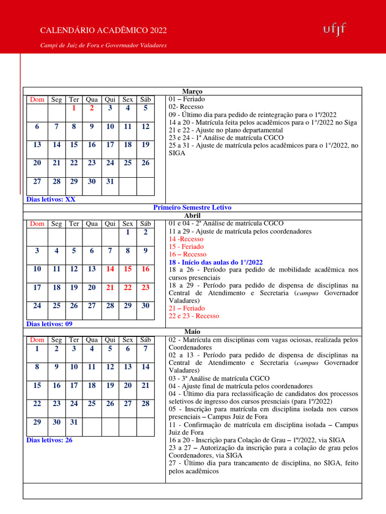 Calendário Acadêmico - UFJF 2022 | PDF