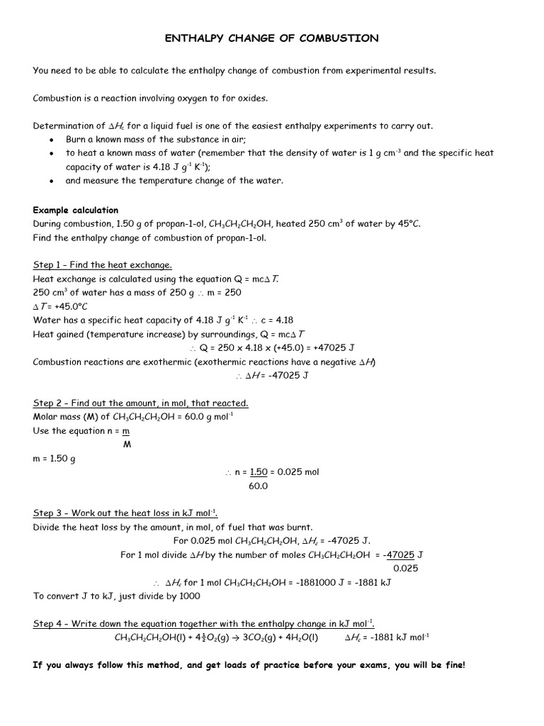 Calculate Enthalpy Change of Combustion | PDF | Combustion | Enthalpy
