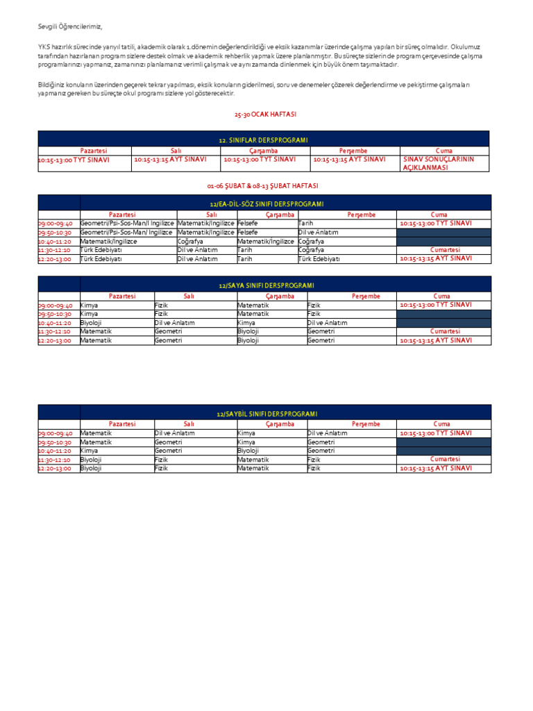 Sinif Yari Yil Tatili Calisma Programi | PDF