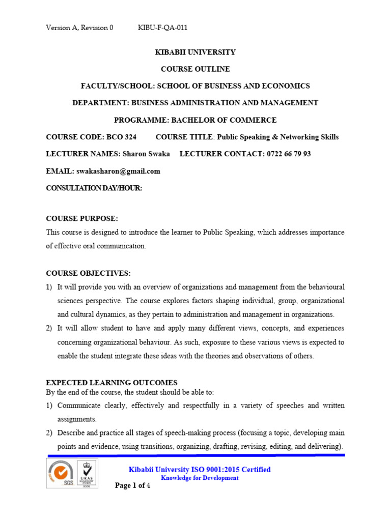 Public Speaking-Networking Course Outline | PDF | Public Speaking ...