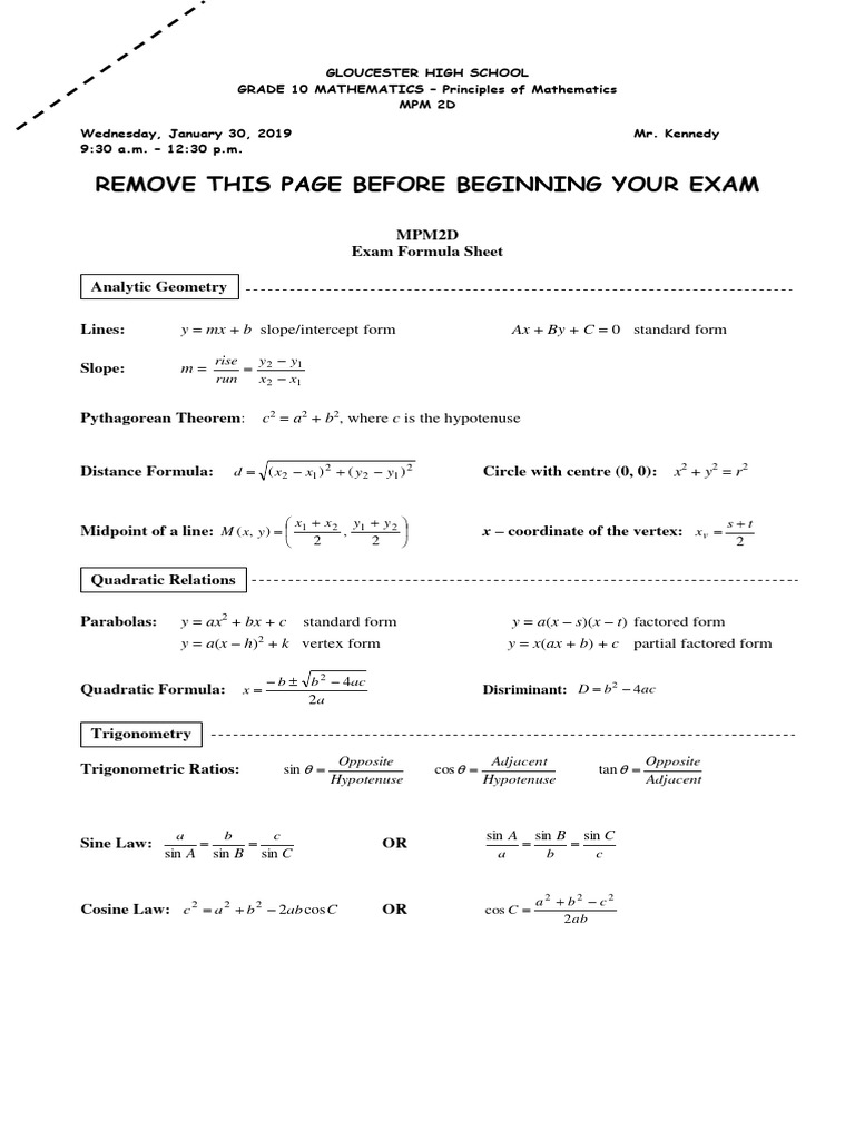MPM 2D Exam Formula Sheet | PDF | Trigonometry | Mathematical Objects