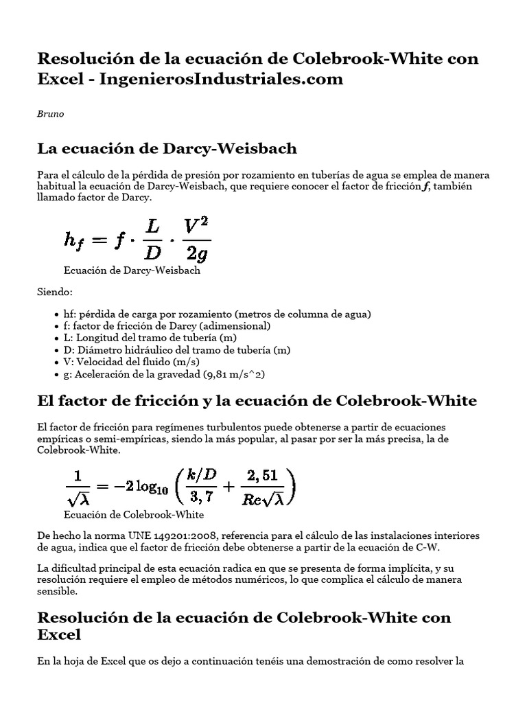 Resolución de La Ecuación de Colebrook-White Con Excel | PDF | Física ...