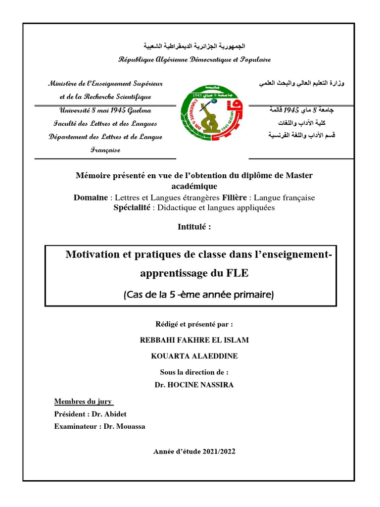 Motivation Et Pratiques de Classe Dans L'enseignement-Apprentissage Du FLE | PDF | Motivant ...