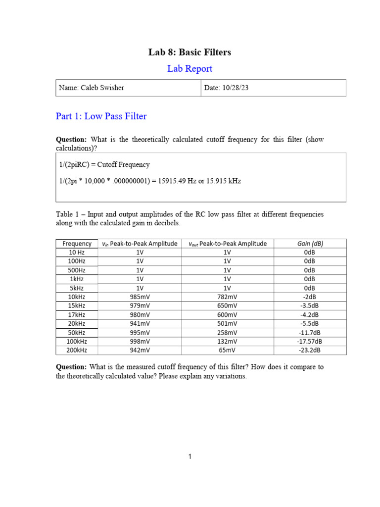Lab 8 Experiment Report | PDF | Decibel | Electrical Impedance