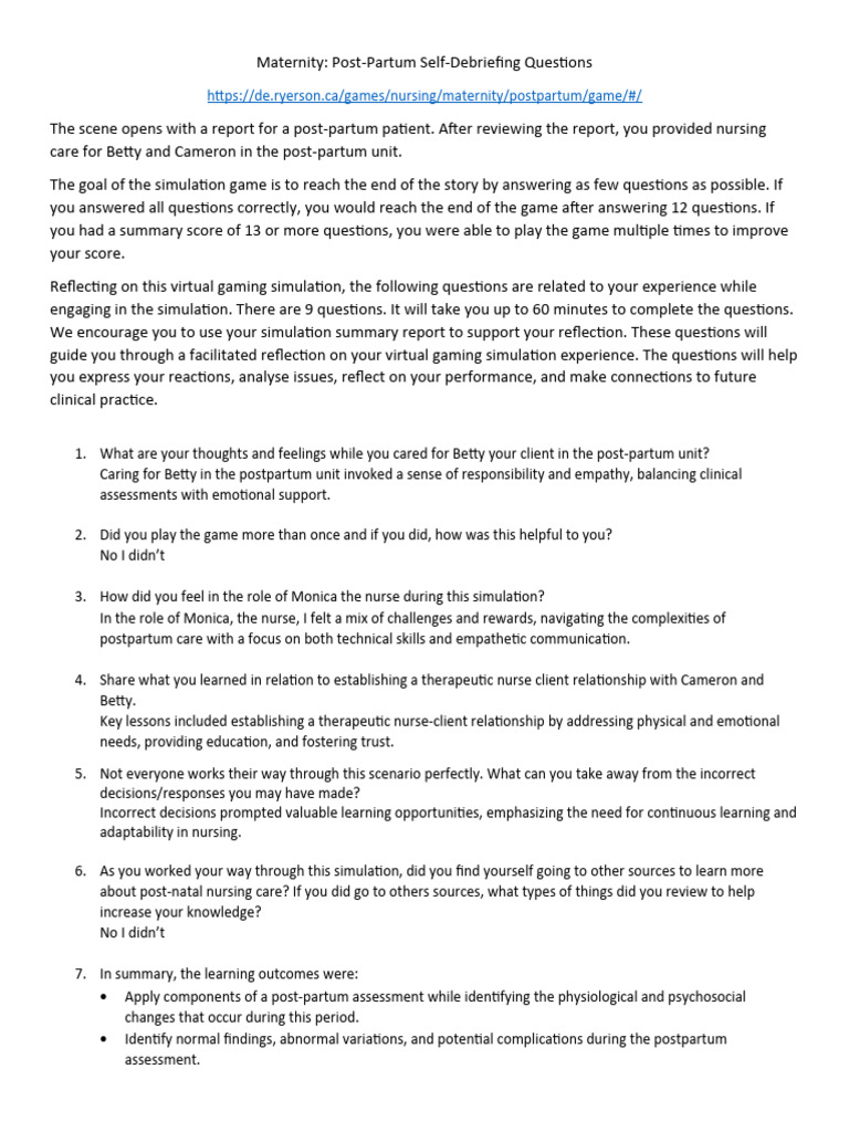 Post-Partum Nursing Simulation Debriefing | PDF | Simulation | Nursing