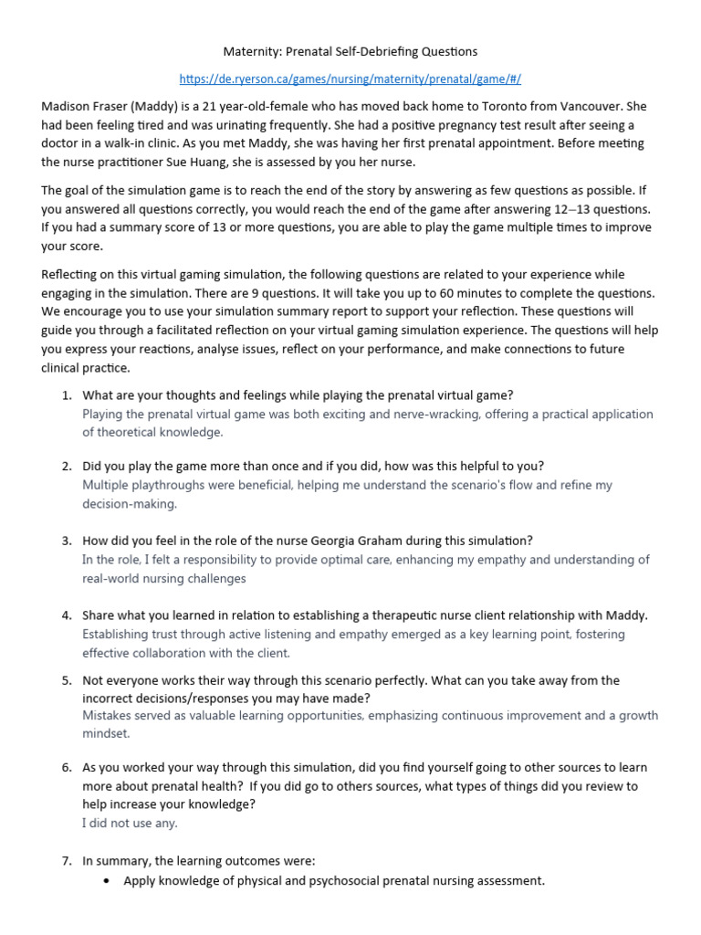 Prenatal Debriefing Questions Pdf Simulation Nursing