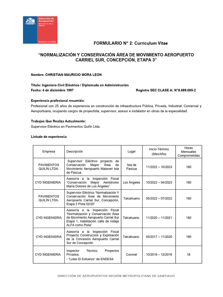 FORMULARIO #2: Curriculum Vitae "Normalización Y Conservación Área de Movimiento Aeropuerto ...