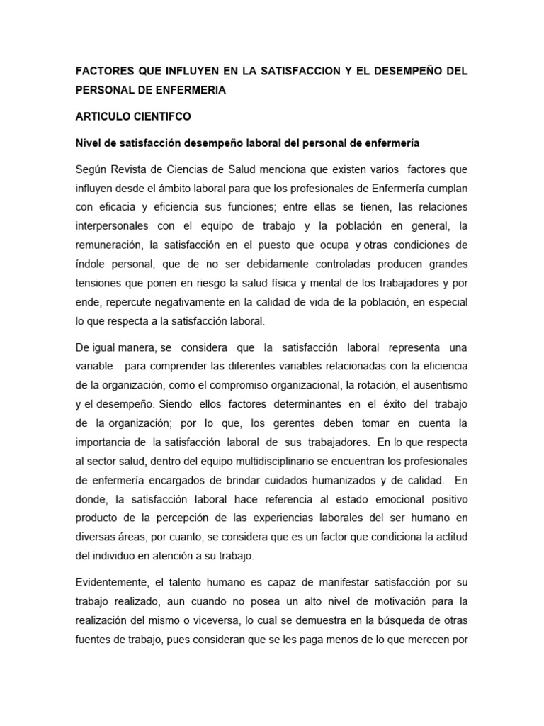 Factores Que Influyen En La Satisfaccion Y El Desempeño Del Personal De