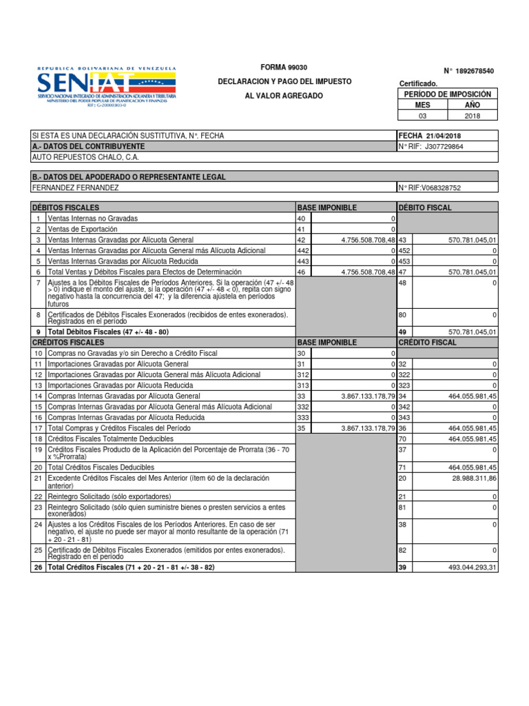 Chalo - Iva - Marzo 2018 - Formato Declaracion Seniat | PDF | Impuesto al valor agregado | Impuestos