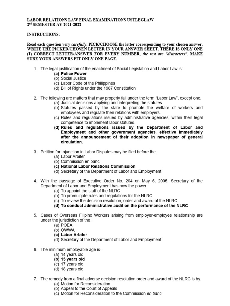 Labor Relations Law Final Exams 2ndsem Ay2021 2022 Bcslaw Key 06082022 ...