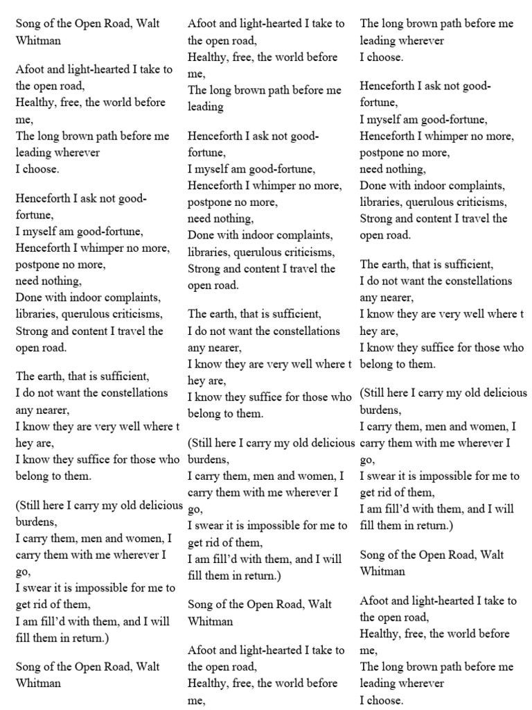 Walt Whitman's Open Road Poem | PDF | Poetry