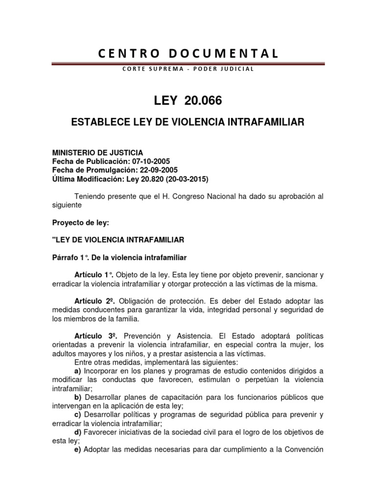 Ley 20.066, Ley de Violencia Intrafamiliar | PDF | La violencia contra ...