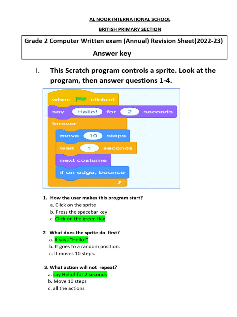 Annual Exam Revision Answer Key Pdf Scratch Programming Language Computer Programming