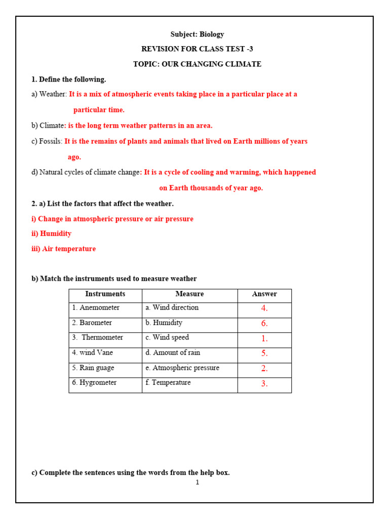 Revision For Class Test - 3 With Answers | Download Free PDF | Earth ...