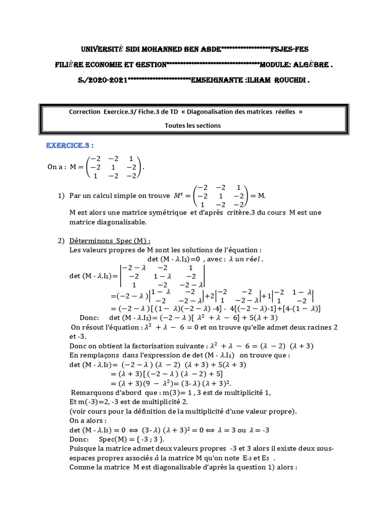 Correction Ex.3 Fiche.3 de TD Diagonalisation | PDF