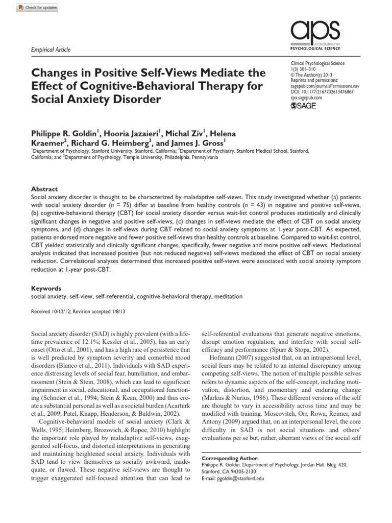 Goldin Et Al 2013 Changes in Positive Self Views Mediate The Effect of Cognitive Behavioral ...