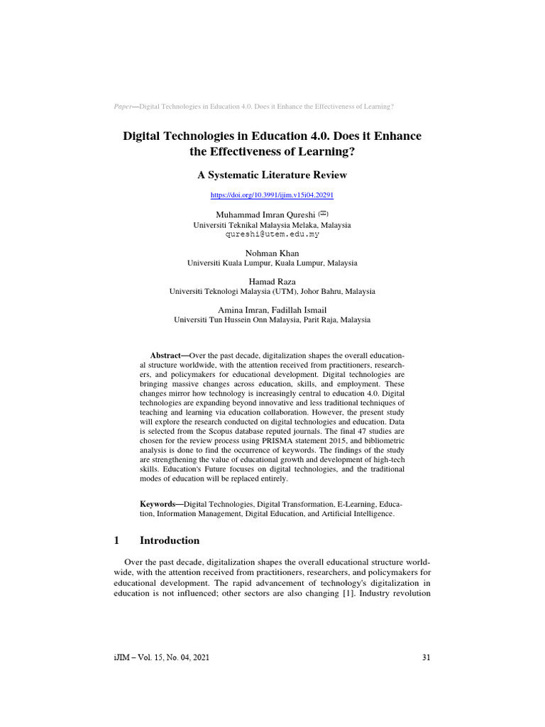 Digital Technologies in Education 4.0-Does It Enhance The Effectiveness of Learning | PDF ...
